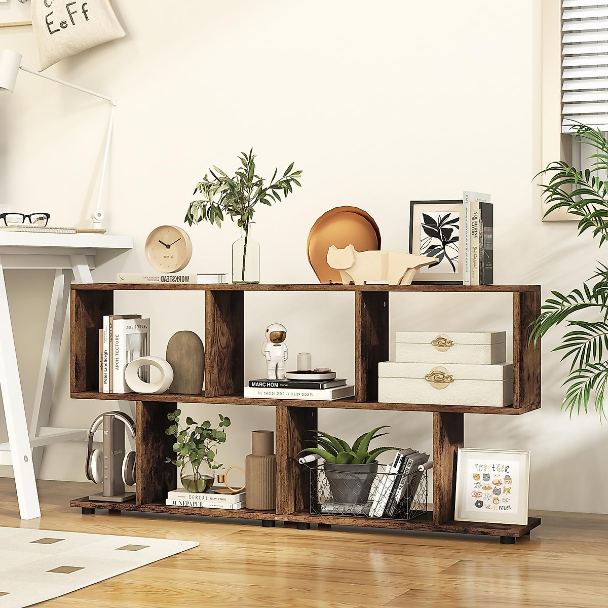 Tangkula 2 Tier Geometric Bookshelf, Freestanding Wood Display Shelf, Home Office Décor Room Divider S Shaped Open Bookcase, Small Bookshelf for Small Spaces, Living Room, Study (Coffee, 1)