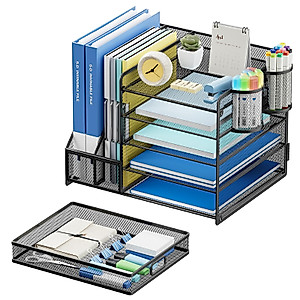 Lavatino Desk Organizer with File Holder, 5-Tier Paper Letter Tray Organizer with Sliding Drawer and 2 Pen Holder, Mesh Desktop File Organizer for Office Supplies (Black)