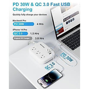 Power Strip with USB C, 3 Outlets 3 USB Ports, Desktop Charging Station with 5 Ft Braided Extension Cord and Flat Plug, Compact for Cruise Ship, Travel, Home, Office, White