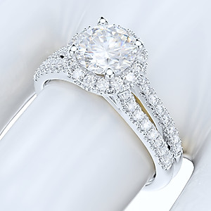 PRSTANI Sterling Silver Split Shank 1.0CT Round Brilliant Cut Genuine Moissanite Halo Engagement Ring Bridal Ring For Women (7.5)