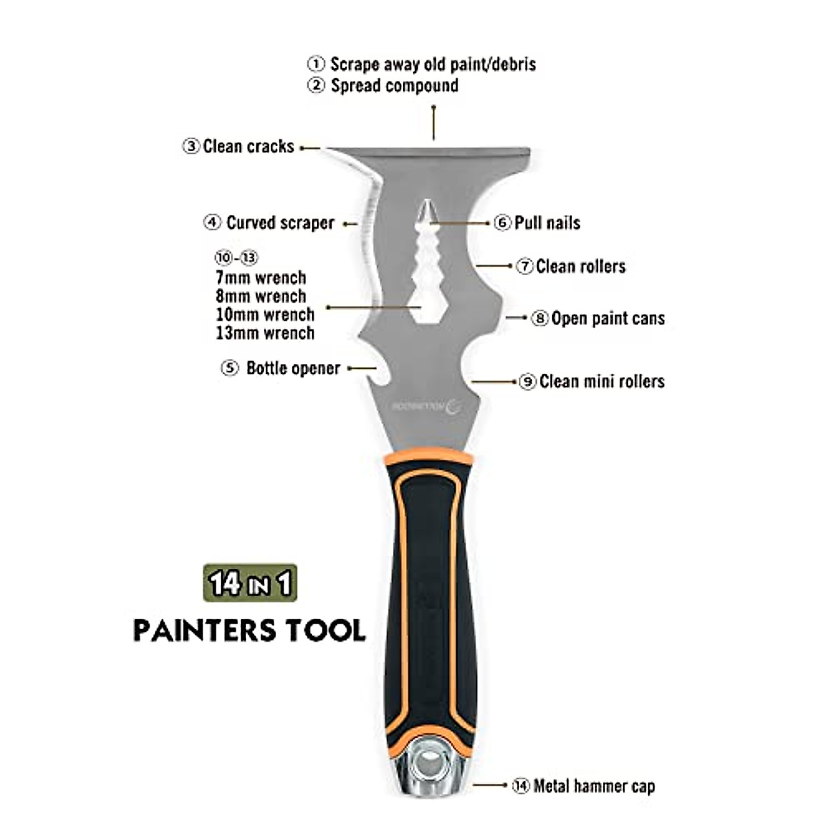 ROLLINGDOG 14 In 1 Painters Tool - Paint Scraper, Putty Knife Scraper Tool with Stainless Steel Blade, Soft Grip Handle and Metal Hammer End (3 Inches)