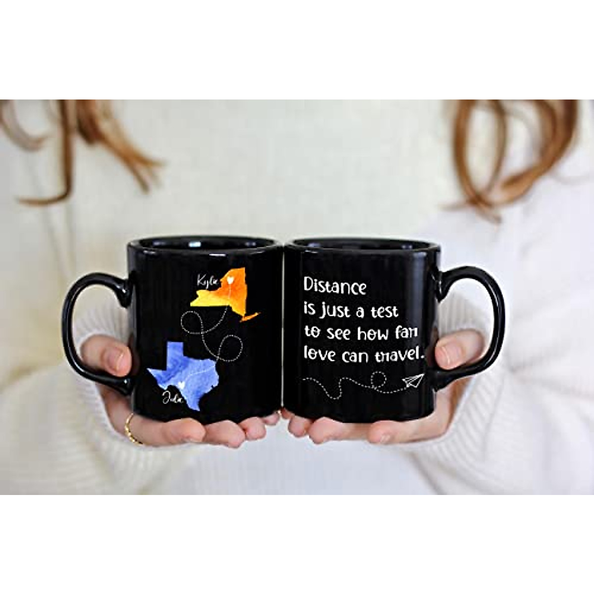 Personalized Long Distance Friendship Coffee Mug, Customized Best Friend Mugs, Distance is Just a Test, Custom Names, State to State, Long Distance Family Relationship Gifts Black Coffee Mug