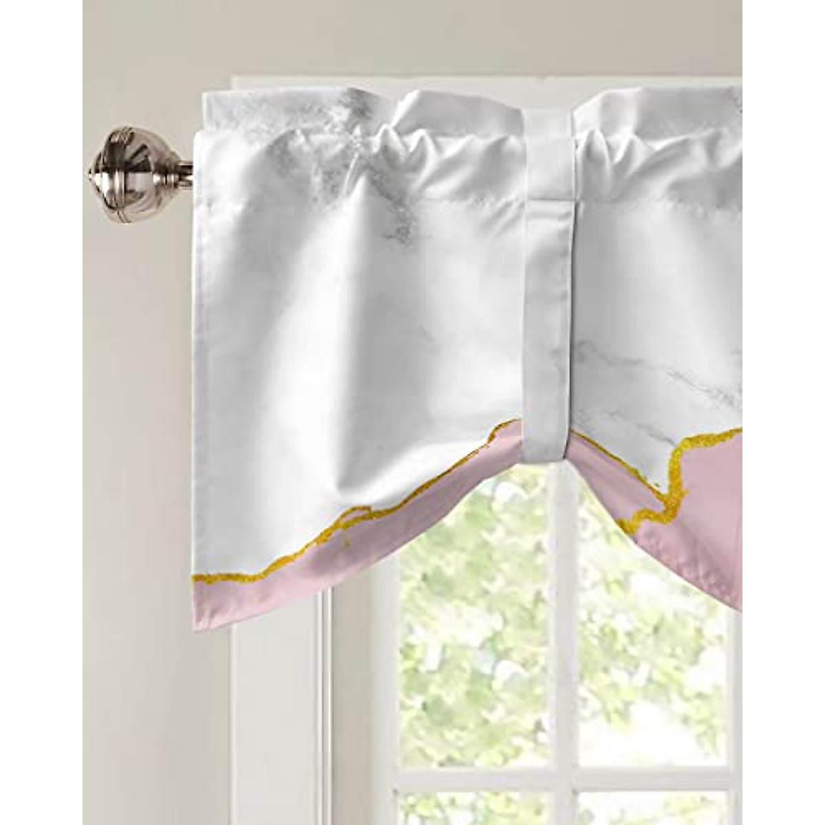 Marble Pink Tie Up Valance Curtain for Kitchen Living Room Bedroom Bathroom Cafe, Rod Pocket Small Short Window Drape Panel Adjustable Drapary Print, Marbling White Gray Gold Modern Abstract 60"x18"