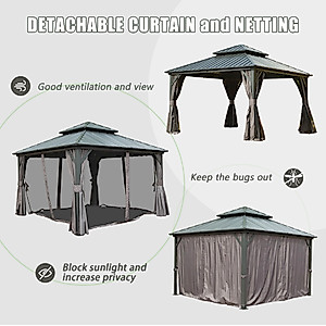 Domi Hardtop Gazebos 12x12FT, Aluminum Metal Gazebo with Galvanized Steel Double Roof Canopy, Curtain and Netting, Permanent Gazebo Pavilion for Patio, Backyard, Deck and Lawn, Grey