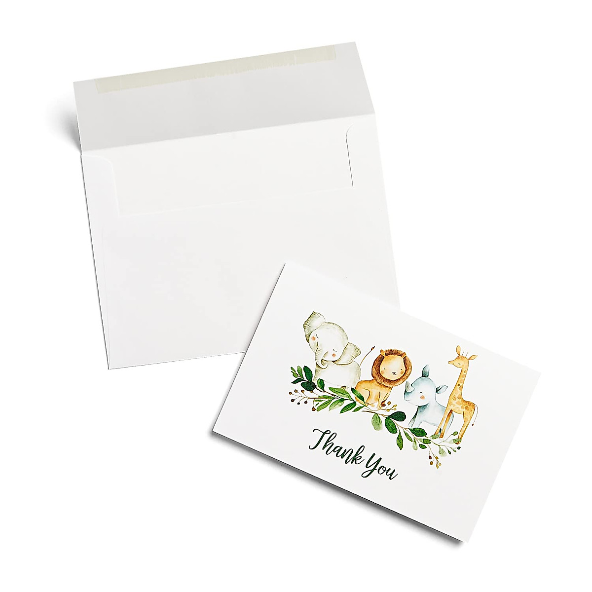 25 Safari Thank You Cards With Envelopes (Thick Card Stock) Baby Shower, Jungle Greenery Large Size 4x6 Zoo Animal Giraffe Lion Elephant Gratitude For Party, Girl Boy Children Birthday Stationery