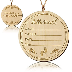 LUTER Baby Announcement Sign, 3.9 inch Hello World Welcome Name Sign with a Hemp Rope Round Wooden Milestone Baby Announcement Plaque for Newborn Photo Props