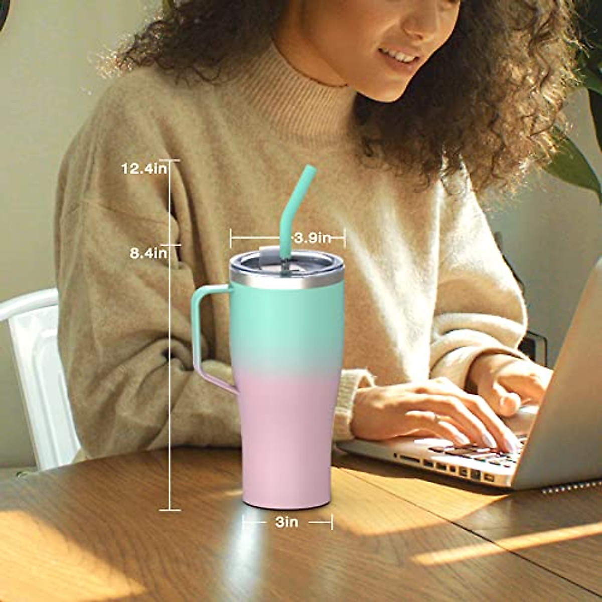 Zukro 32 oz Insulated Tumbler with Handle and Straw,Stainless Steel Travel Cup with Lid, No Sweat,Keep Drinks Cold 24 Hours, Dishwasher Safe,Fit in Cup Holder,