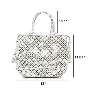 QTKJ Hand-Woven Cotton Crochet bag Women's Summer Beach Tote Bag Crochet Clutch Bag Woven Envelope Bag with Cute Tassel (White)