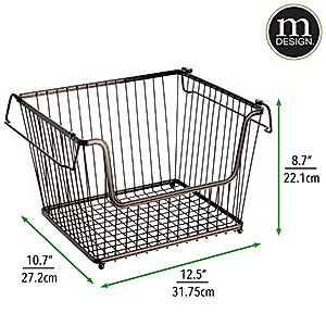 mDesign Stackable Metal Basket for Kitchen Storage - Large Wire Farmhouse Bin Basket w/Handles for Pantry - Stacking Wire Basket Organizer for Food, Drinks - Hyde Collection, 3 Pack, Bronze