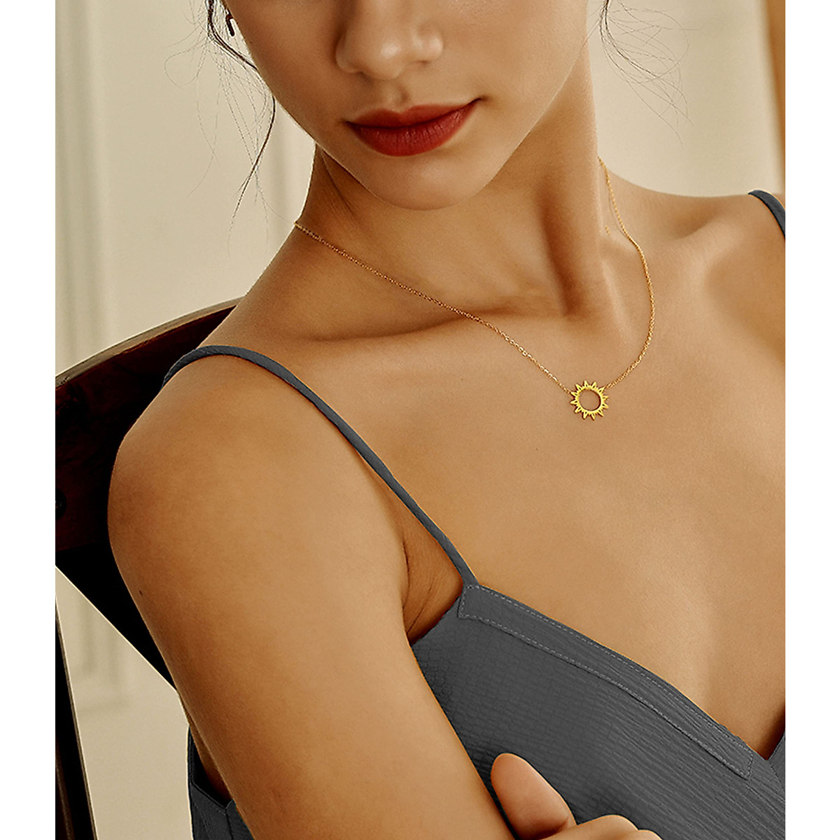 KristLand - 18k Gold Plated Dainty Layered Sun Necklace Pendant Short Cactus Choker Chain, Circle Layering Necklace,Star Handmade Gold Simple Necklace for Women A Sunshine Gold Color