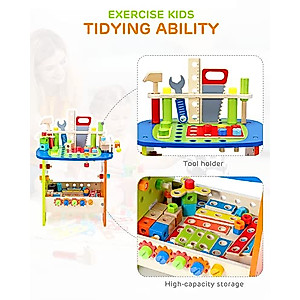 Ohuhu Tool Workench Toy Set, Kids Toy Play Workbench, Kids Wooden Tool Bench Workshop, Workbench with Tools Set (89 Piece Set), Wooden Construction Bench Toy for Boys Girls Age 3 4 5 6 7