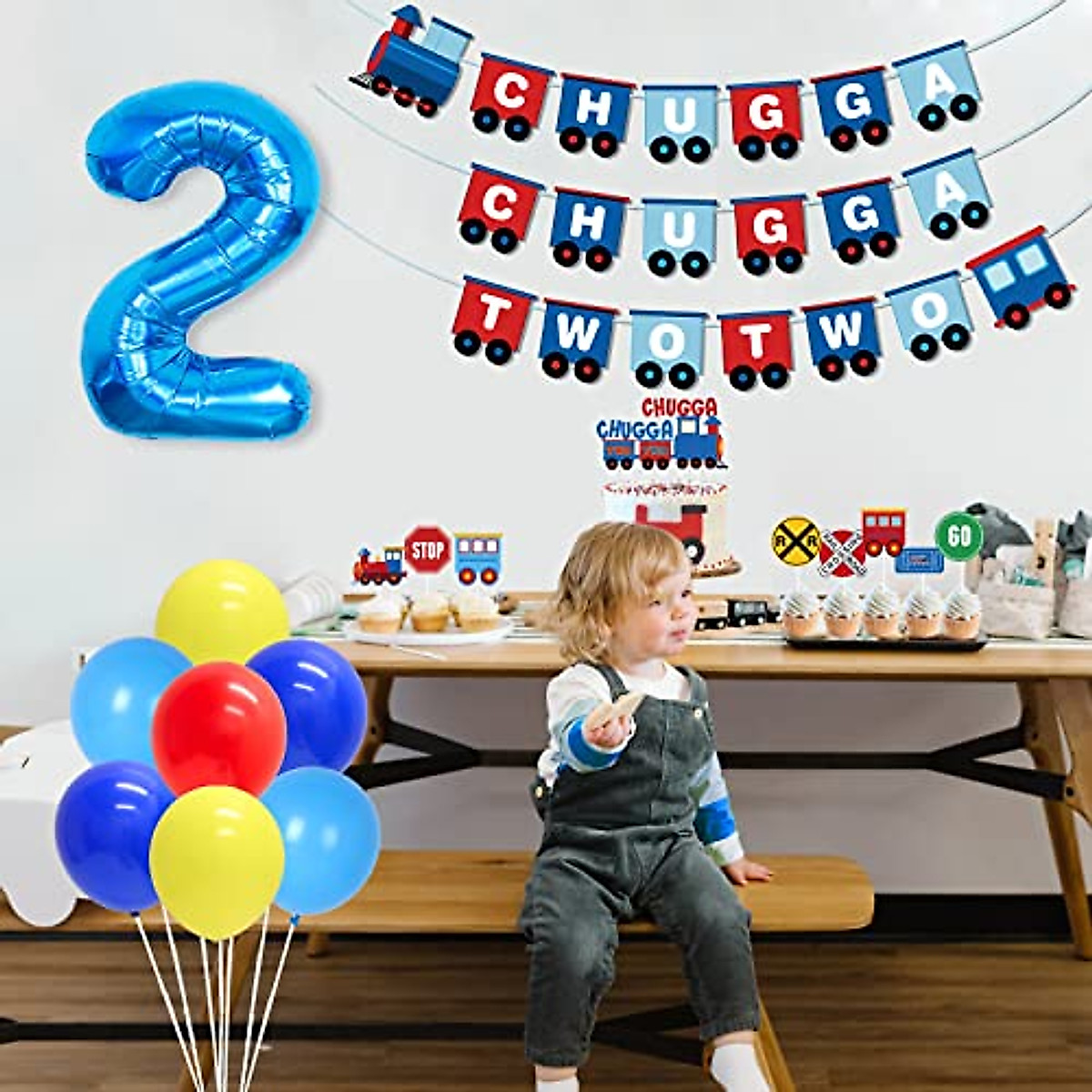 Chugga Chugga Two Two Party Decorations for 2 Years Old Boys, Railroad Train Crossing Theme Birthday Party Supplies - Chugga Chugga Two Two Banner, Cake Topper, Train Foil Balloons