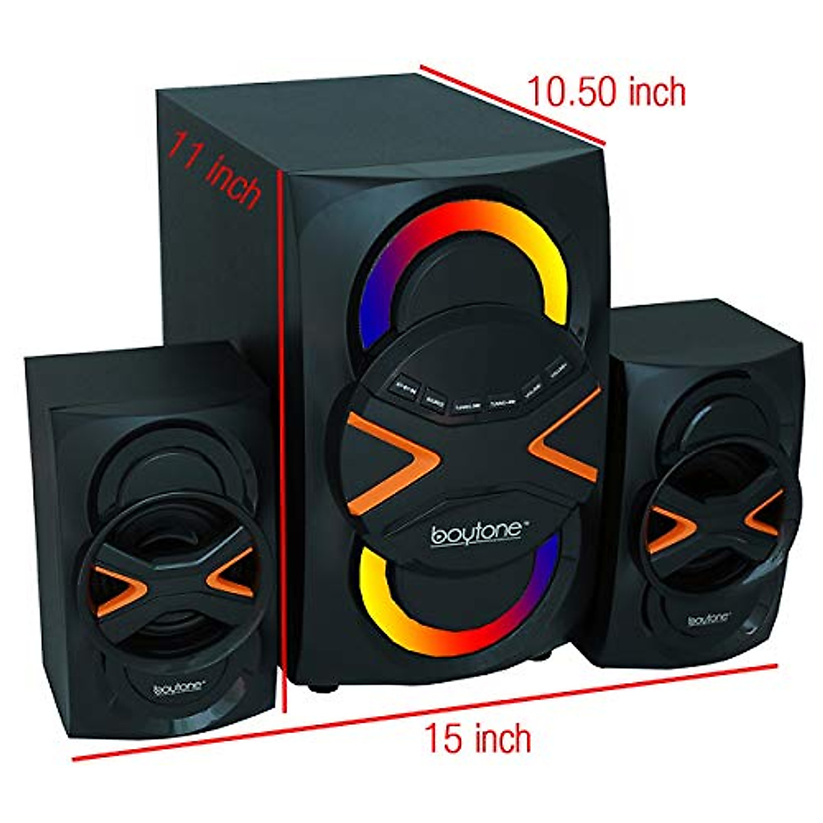 Boytone BT-626F, 2.1 Bluetooth Powerful Home Audio Speaker System, with FM Radio, SD Slot, USB Ports, Digital Playback, 54 Watts, Disco Lights, Remote Control, for Smartphone, Tablet. 110/220V