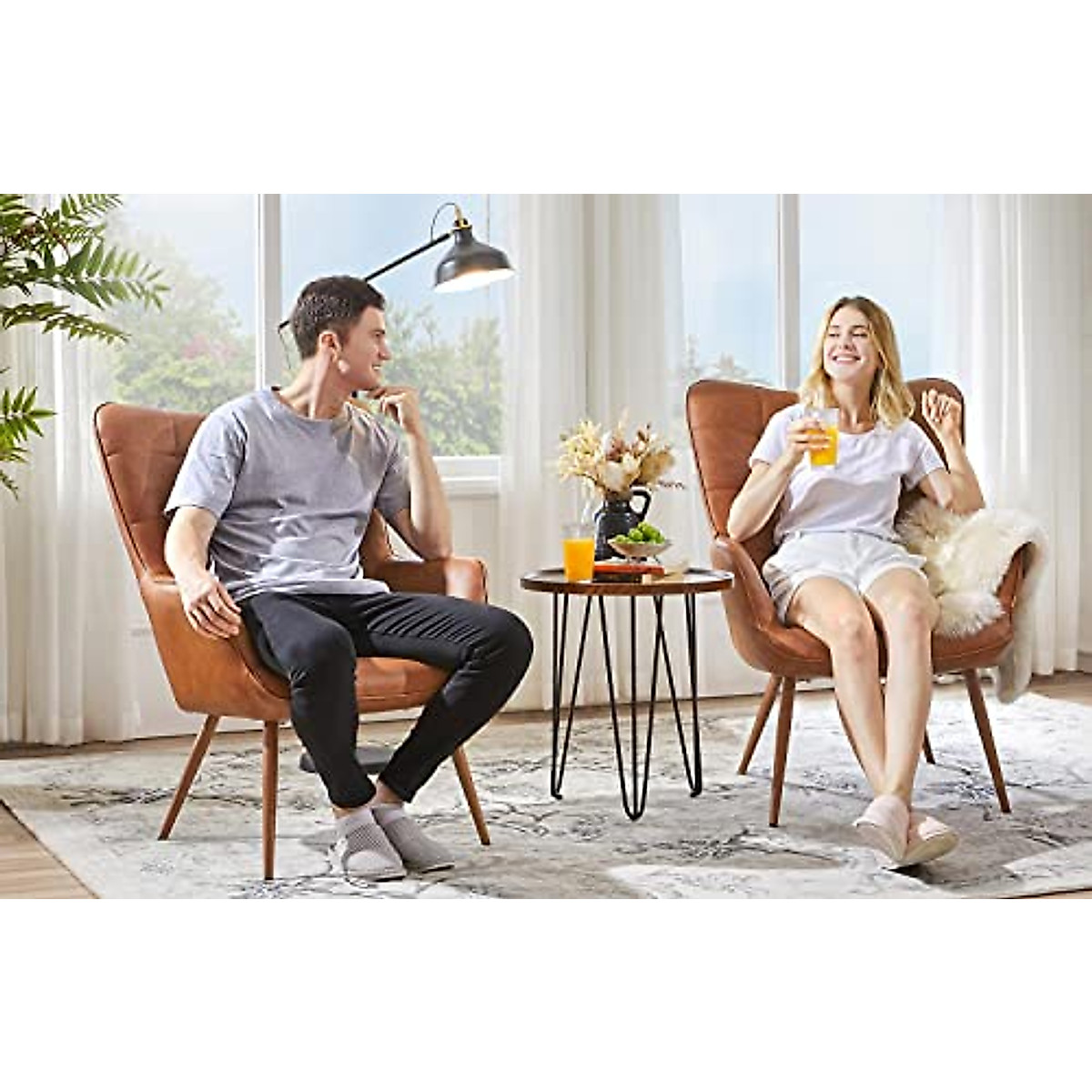 Yaheetech Faux Leather Chair Upholstered Living Room Chairs Accent Armchair with Tapered Legs Tufted Sofa Chairs for Home Office/Dining Room/Bedroom Brown, Set of 2