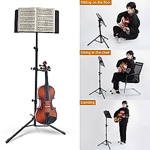 Klvied Sheet Music Stand with Violin Hanger, Portable Folding violin Stand, Foldable Music Stand for Sheet Music, Violin Music Stand with Carrying Bag, Light, Black