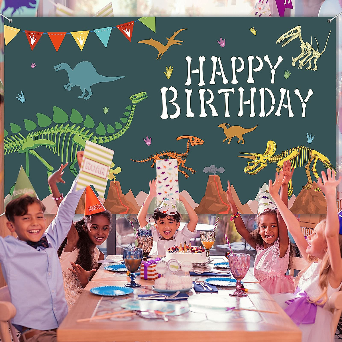 Dinosaur Birthday Backdrop Large Dinosaur Happy Birthday Photography Background Dinosaur Banner for Boys Baby Shower Dinosaur Theme Birthday Party Decoration Supplies, 72.8 x 43.3 Inch