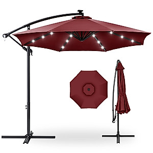 Best Choice Products 10ft Solar LED Offset Hanging Market Patio Umbrella for Backyard, Poolside, Lawn and Garden w/Easy Tilt Adjustment, Polyester Shade, 8 Ribs - Burgundy