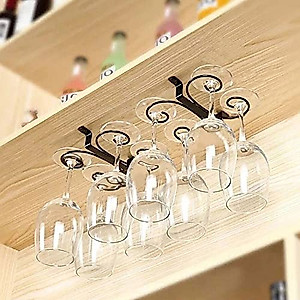 Yunisu Metal Iron Under Cabinet Rack Suspended Hanging Ceiling Wine Glass Rack Stemware Holder Holds Up to 4 Glasses Vintage Style Stainless Steel Wall Wine Holder Stand (Black, One Size)