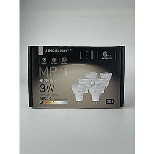 SINCELIGHT 12V MR11 GU4 LED Small Reflector Ø35mm Spot Light Bulb with GU4 Base, 3W, 280 Lumens, 25W Halogen Equivalent, 4000K (Neutral White) High Color Rending RA≈92, 35°Beam Angle, Pack of 6