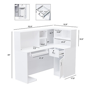 LEADZM L-Shaped Reception Desk with Counter, Front Desk with Lockable Drawers & Adjustable Shelf, Retail Checkout Counter for Beauty Salon Office, White (55.9" W x 18.9" D x 48" H)