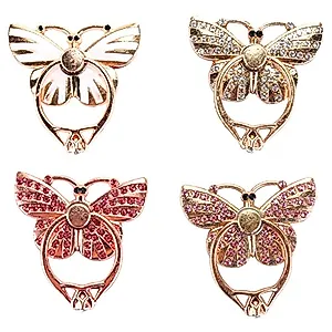 ShungFun 4Pcs Butterfly Cell Phone Ring Stand Holder Colorful Cute Pattern Painted Rotating Metal Buckle Tablet Finger Ring Kickstand for All Phones Tablets