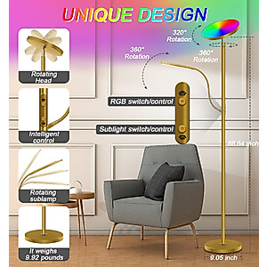 Hyskostar Gold Floor lamp,Top Sky Light and Side Reading Lamp,RGB LED Modern Super Bright Floor Lamps-Tall Standing Pole Light with Remote & Touch Control for Living Room,Bed Room,Office