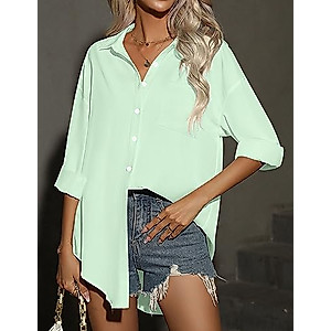 HOTOUCH Button Up Shirts for Women Long Sleeve Loose Collar Shirt Soft Boyfriend Blouses with Pockets Light Green XL