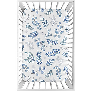Sweet Jojo Designs Floral Leaf Boy or Girl Fitted Mini Crib Sheet Baby Nursery for Portable Crib or Pack and Play - Blue Grey and White Boho Watercolor Botanical Flower Woodland Tropical Garden
