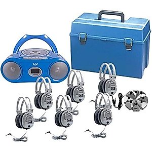 Hamilton Buhl 6 Person Listening Center with Bluetooth Cassette/CD/FM Boombox and Deluxe Over-Ear Headphones