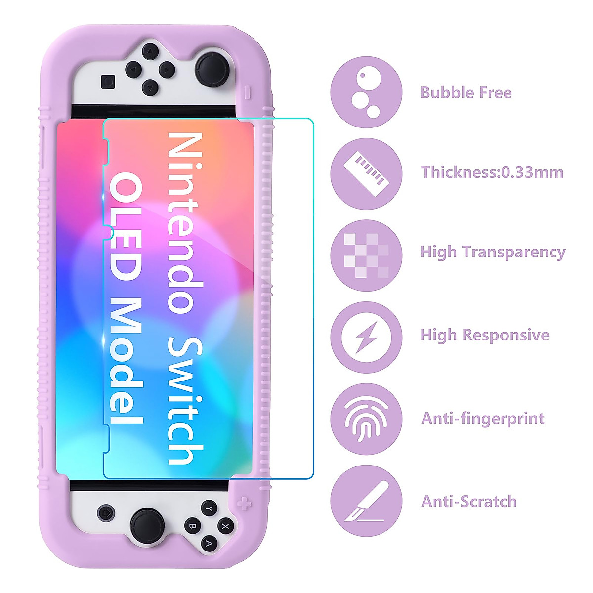 Teyomi Silicone Case for Nintendo Switch OLED with 2 Game Cards Slots, [Kids Friendly] Shockproof Protective Cover with Tempered Glass Screen Protector, Ergonomic Grip Case for Switch OLED, Purple