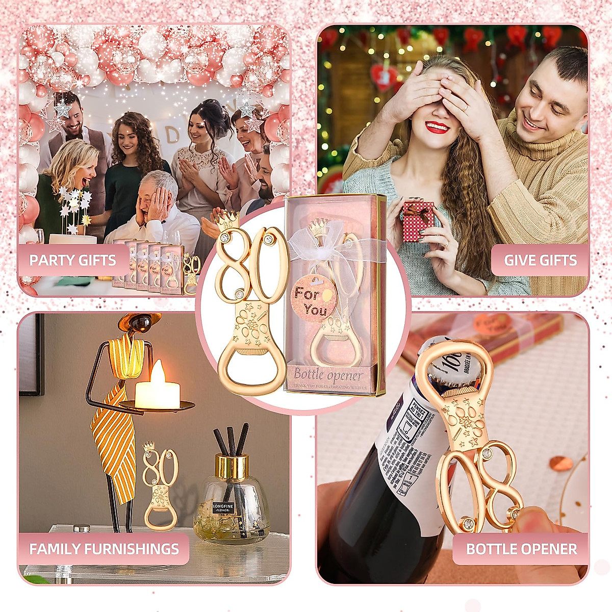 24 boxes of rose gold themed 80th birthday bottle openers favored for 80th anniversary wedding party gifts, 80th birthday party souvenirs or party decorations (80 shape)