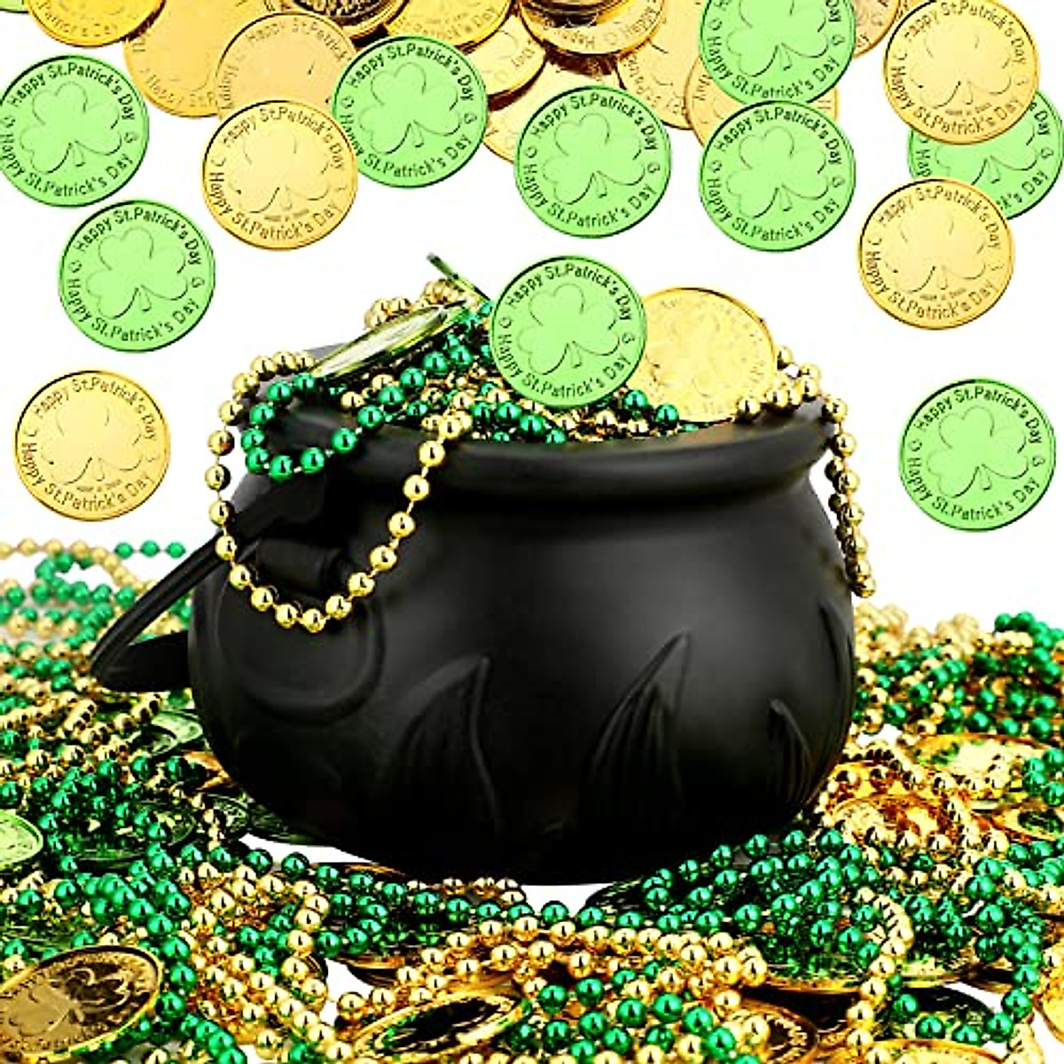 231 Pieces St. Patrick's Day Cauldron Set, Includes Black Leprechaun Cauldron with Handle 200 Shamrock Plastic Coins 30 Green and Gold Beaded Necklaces for St. Patrick's Day Party Decoration Supplies