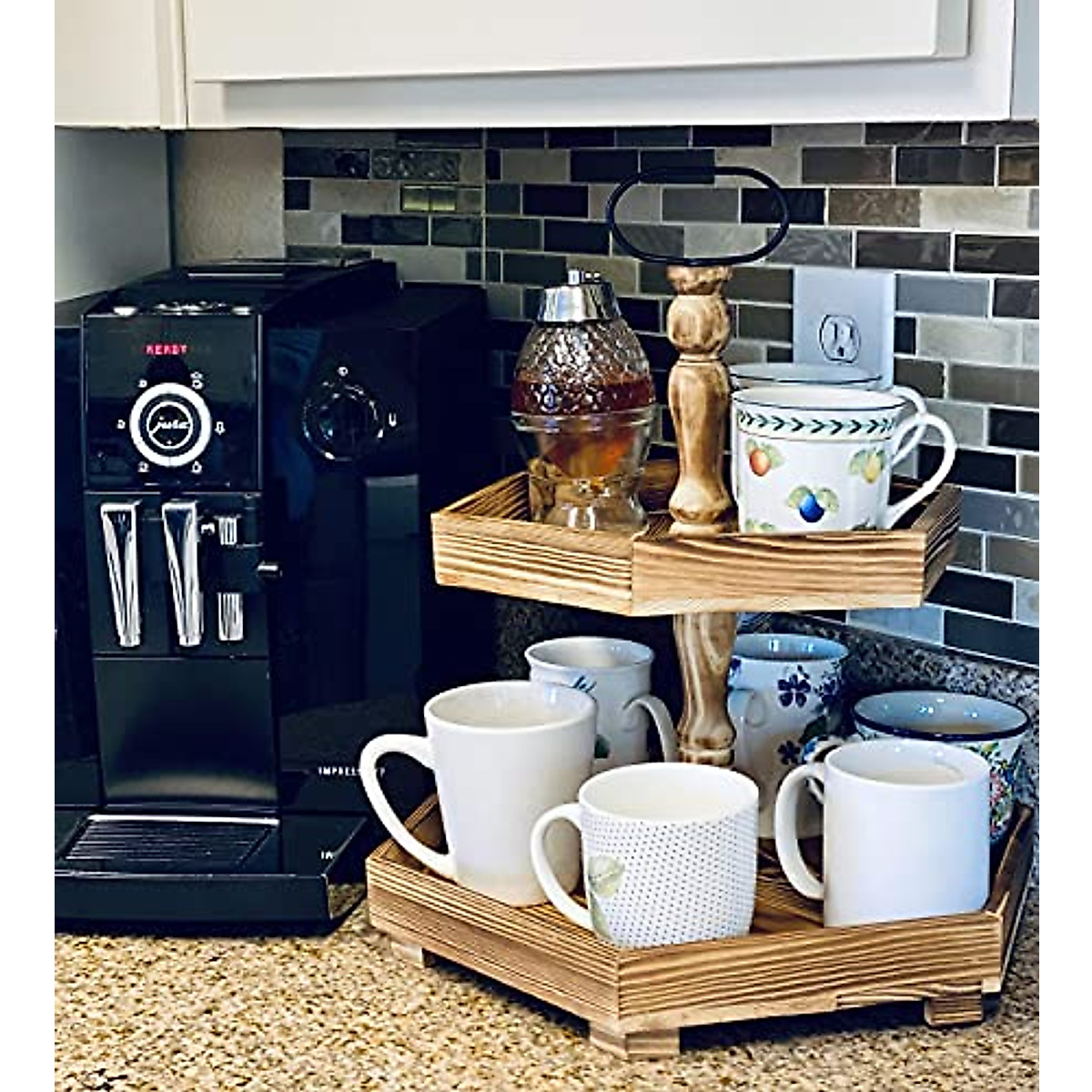 Farmhouse Tiered Tray - Two Tier Tray in Rustic Wood for Kitchen Counter, Wooden Serving Tray, Cupcake Stand, Coffee Bar and Food Display