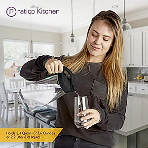 Pratico Kitchen QuickPour Water, Juice, and Beverage Airtight Pitcher, Made in Japan, 2.3 qt, 73 oz, Black