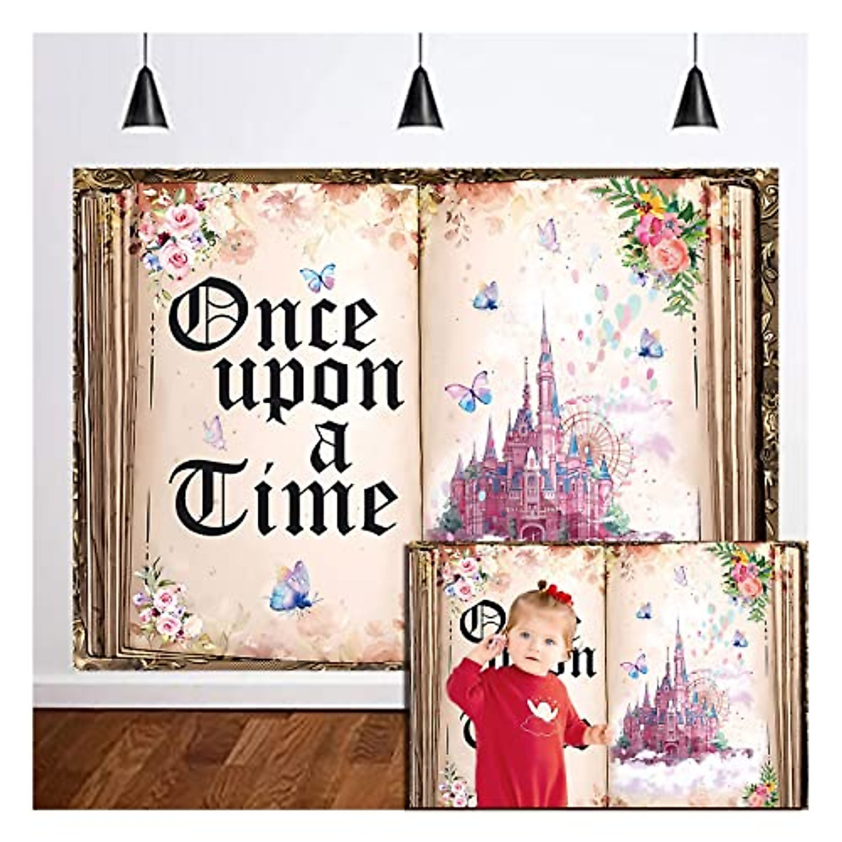 MAQTT Fairytale Book Photography Backdrop 7x5ft Once Upon A Time Backdrop for Girls Birthday Party Decoration Pink Flowers Butterfly and Castal Princess Backdrop for Baby Shower Cake Table Decor