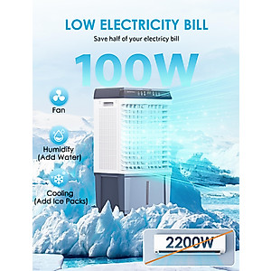 Air Choice Evaporative Air Cooler, 1800CFM Swamp Cooler with 12H Timer, 110° Oscillation, Remote Control & 5.3 Gal Water Tank, 3 Speeds, 4 Ice Packs, 3-in-1 Evaporative Cooler for Outdoor Indoor Use