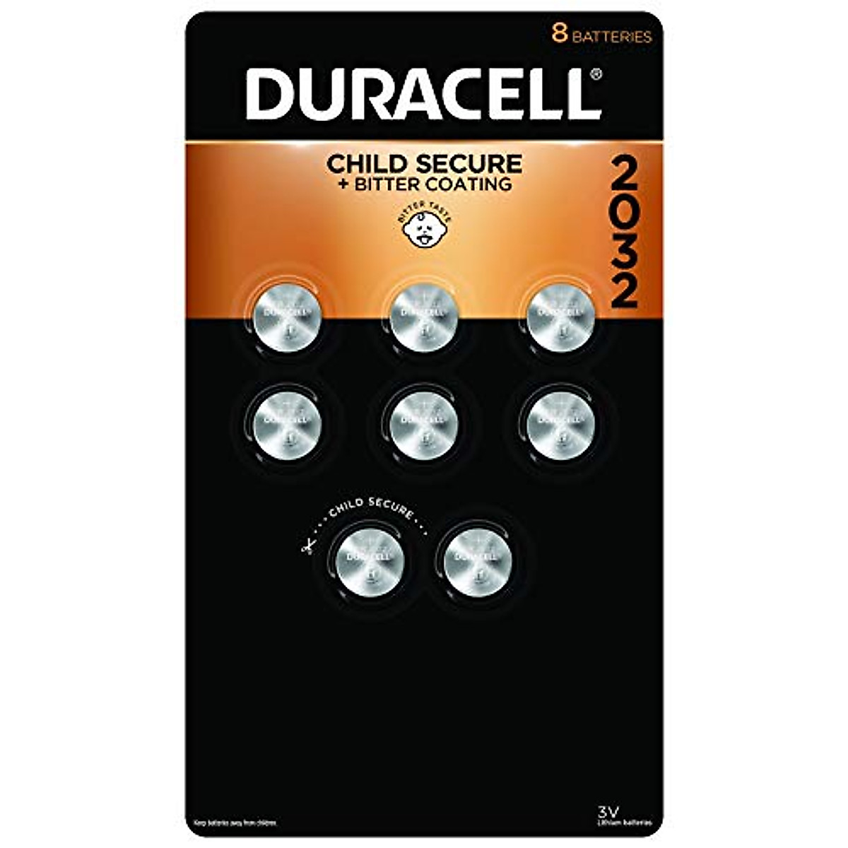 Duracell CR2032 3V Lithium Battery, Child Safety Features, 8 Count Pack, Lithium Coin Battery for Key Fob, Car Remote, Glucose Monitor, CR Lithium 3 Volt Cell (Old Packaging)