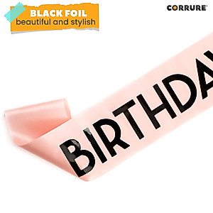 CORRURE 'Birthday Girl' Sash with Black Foil - Soft Satin Rose Gold Sash for Women - Birthday Sash for Happy 16th 18th 21st 25th 30th 40th 50th or Any Other Bday - Great Party Supplies and Decorations