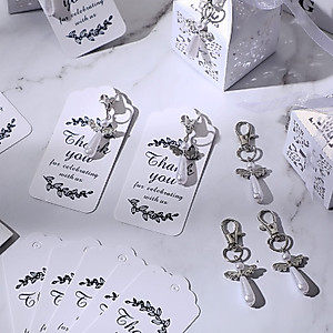 Outus 60 Pcs Baptism Party Favors for Guest Boy Girl Baby Shower Favors Bulk 20 Angel Pendant Keychains Decoration 20 Thank You Tags 20 Cross Shape Boxes for First Communion Holy Return Gifts(White)