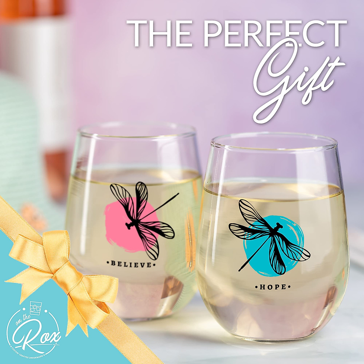 Dragonfly Gifts for Women - Stemless Wine Glass 2 Pc Set - 17 Oz - Spiritual Dragon Fly Gifts Decor for Home or Kitchen - Wine Tumbler Cups for Wine Coffee Tea Dragonflies Drinking Cup Mug Glasses