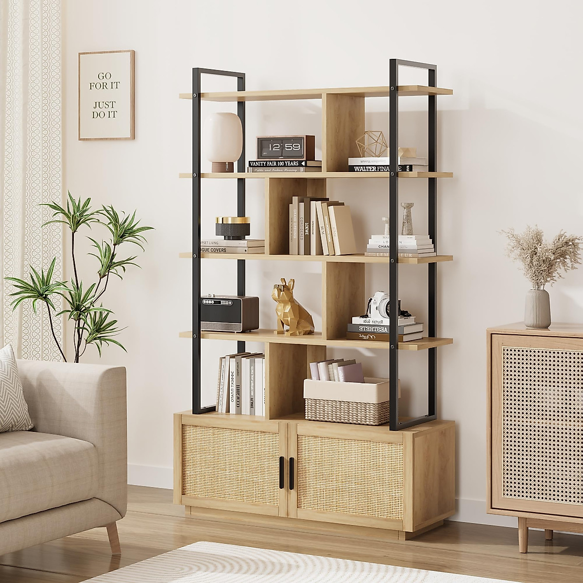 CABIHOME 5 Tier Rattan Bookshelf with Storage Cabinet & Door, 71.1 Inch Tall Industrial Book Shelf with Open Display Shelves, 5 Shelf Bookcase with Metal Frame for Living Room, Bedroom (Burlywood)