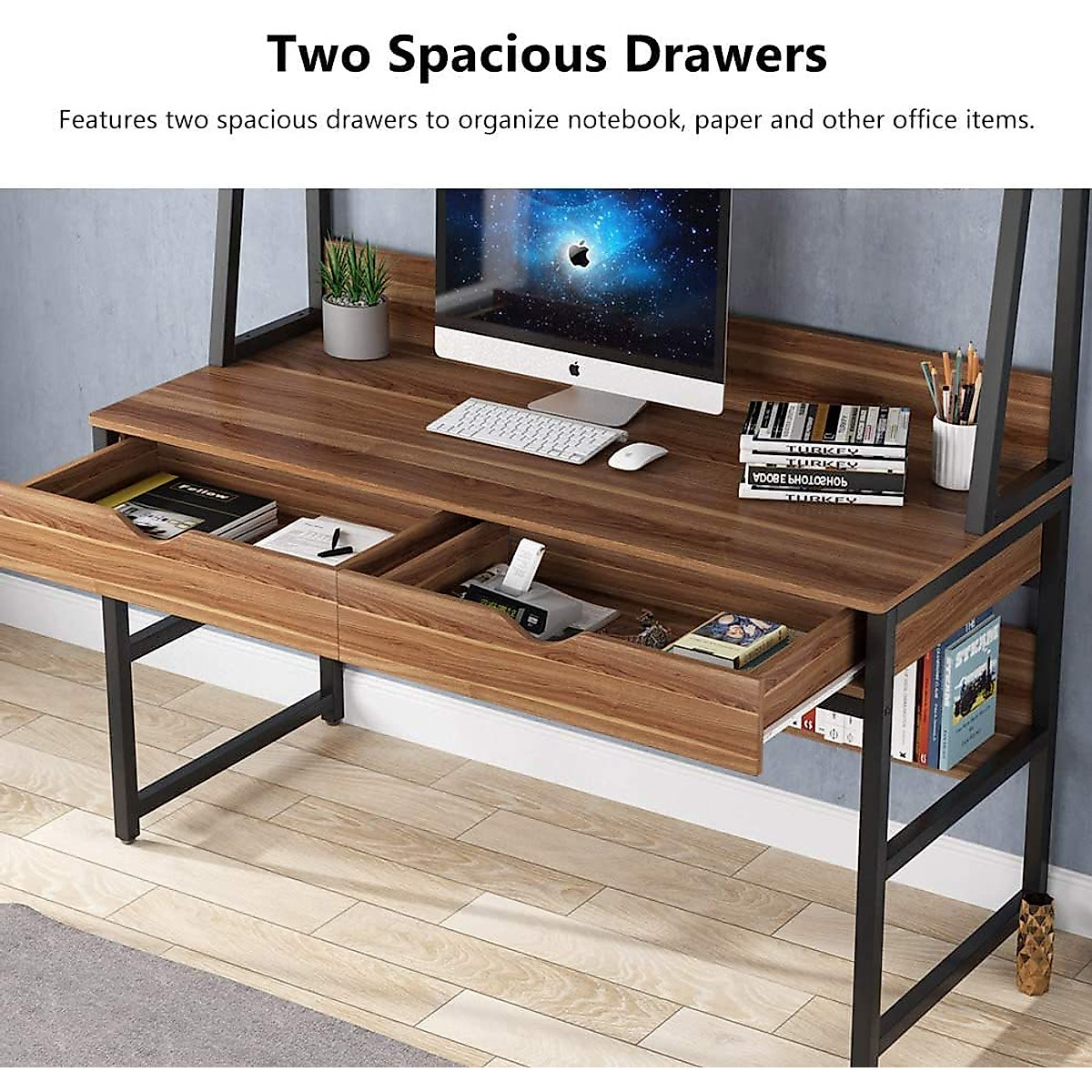Tribesigns Large Computer Desk with Bookshelf and Drawers, Writing Desk Gaming Gamer Table with Storage and Hutch, 47 “Wood and Metal Craft Table for Home Office