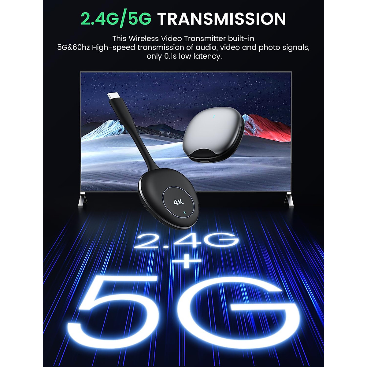 4K Ultra HD Wireless HDMI Transmitter and Receiver 4K, Support 4K@60Hz 2.4/5GHz HD Extender Converter Adapter Plug and Play Streaming Video/Audio from PC/Laptop/Smartphone to HDTV/Projector