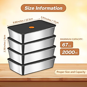 Blushtier 8 Set 67oz Stainless Steel Food Storage Containers Reusable Metal Meat Marinating Container with Lids Fruit Lunch Storage Box for Leftovers,dishwasher and Freezer Safe 2000ml