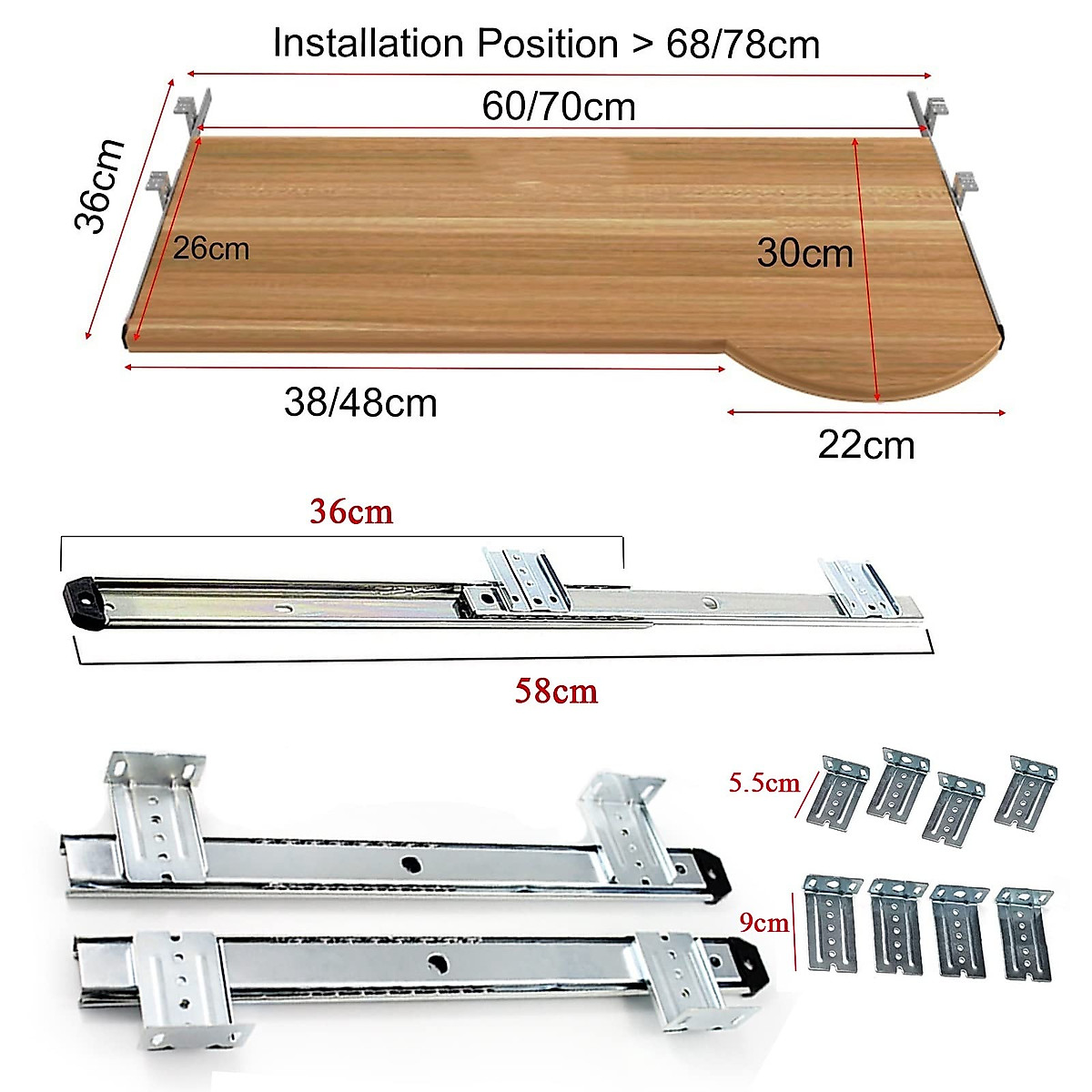 V3VOGUE Home Office Keyboard Mouses Storage Shelves - Slider Keyboard Tray - for Install Under The Desk - Wooden Sliding Tray 60x26cm 70x26cm Computer Desk Extender for Typing Workstation