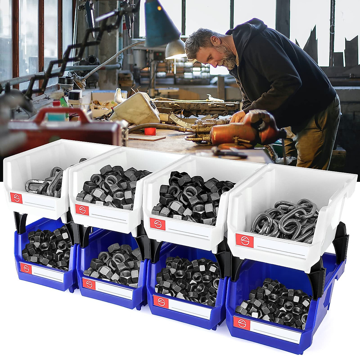 Pe&Hui Storage Organizer Bins,Wall Mount Storage Parts Rack,Stackable Shop Tool Bins for store Screws,Small Parts,Office Supplies and other Accessories (8Pack Blue&White) …