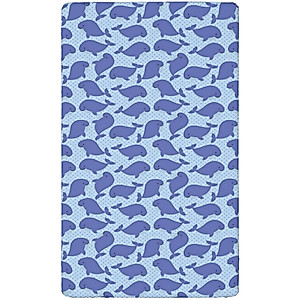 Whale Themed Fitted Mini Crib Sheets,Portable Mini Crib Sheets Soft Toddler Mattress Sheet Fitted-Baby Sheet for Boys Girls,24“ x38“,Violet Blue Pale Blue