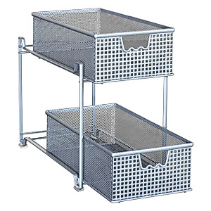 DecoBros 2 Tier Mesh Sliding Cabinet Basket Organizer Drawer,Silver