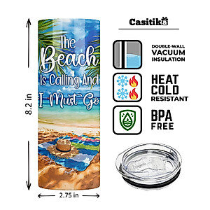 Casitika Beach Tumbler For Summer Trip. 20 Oz Beach Gifts For Women. Ocean Themed Favors. The Beach Is Calling And I Must Go.