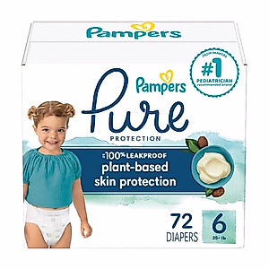 Pampers Baby Diapers - Pure Protection - Size 6, 72 Count, for up to 100% Leakproof, Premium Plant-based Skin Protection